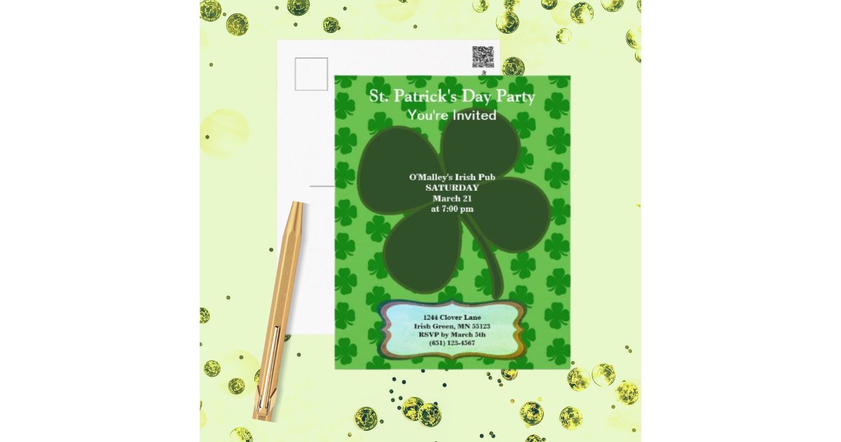 St. Patrick's Day Party Four Leaf Clover & Pattern Postcard | Zazzle