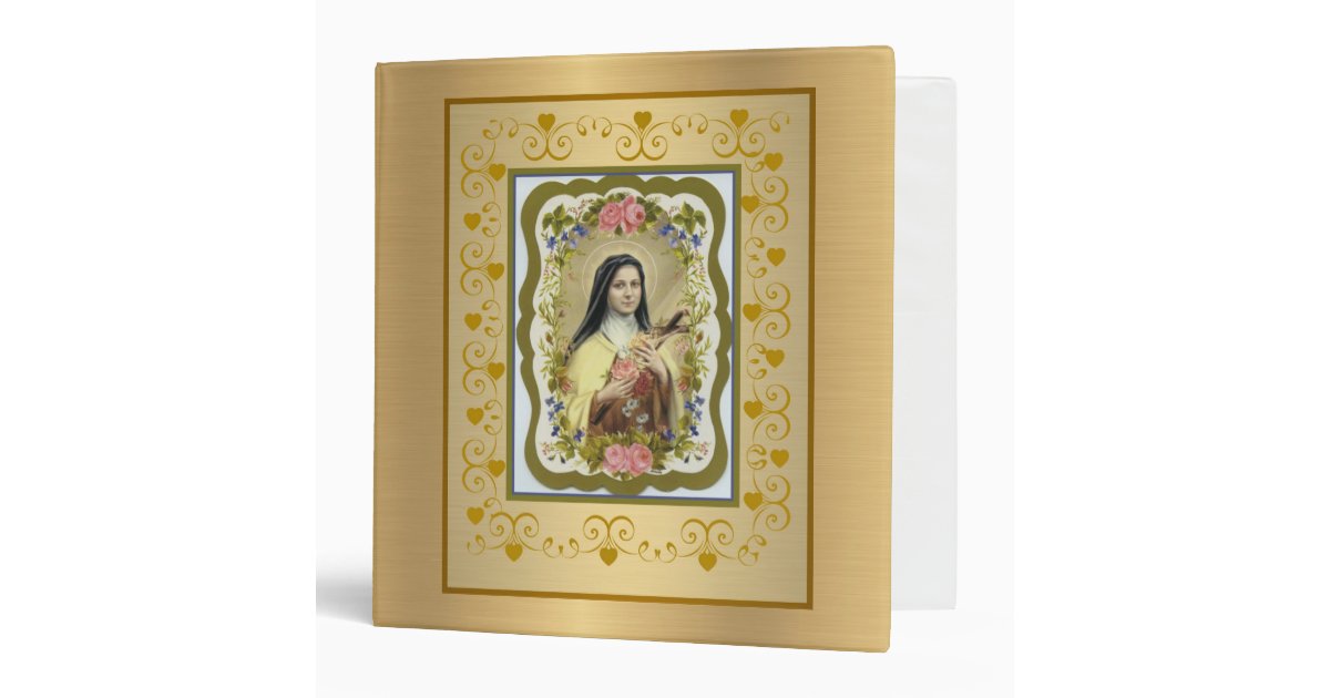 St. Therese Pink Roses Religious Gold 3 Ring Binder | Zazzle