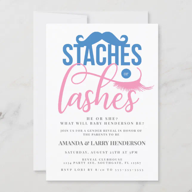Staches or Lashes Gender Reveal Invitation | Zazzle