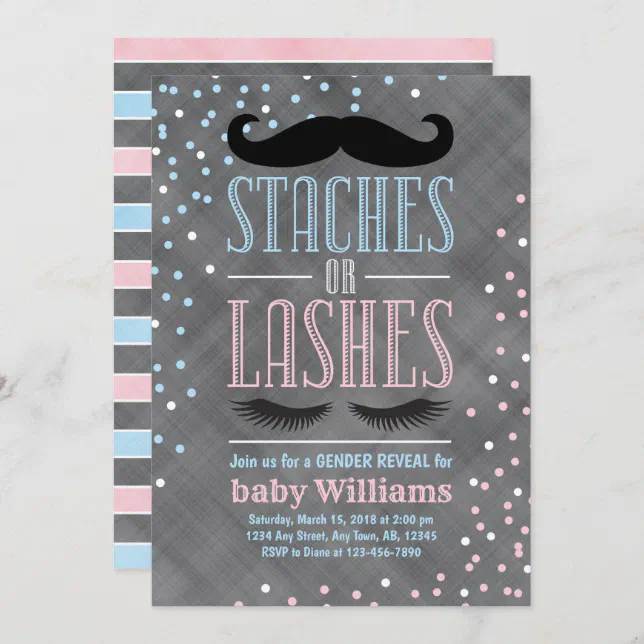 Staches or Lashes gender reveal invitation ideas | Zazzle