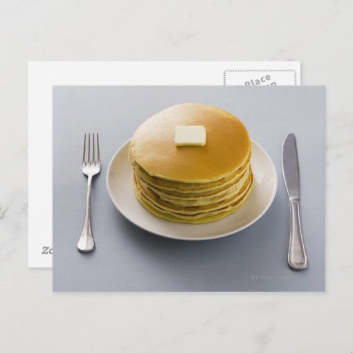 Stack of pancakes with butter on a plate postcard | Zazzle