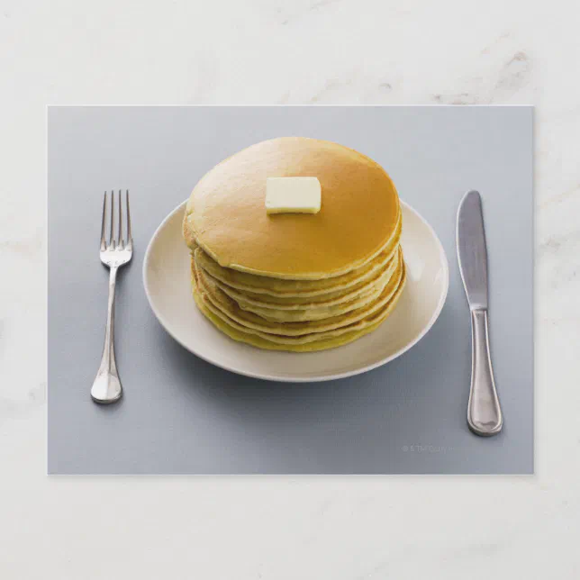 Stack of pancakes with butter on a plate postcard | Zazzle