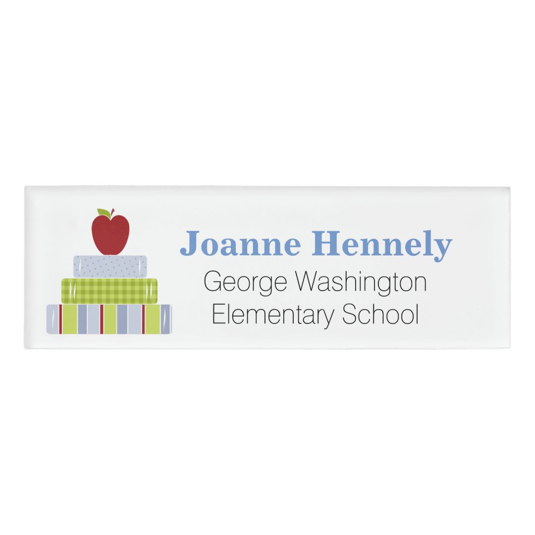 Stacked School Books Teacher's Custom Name Tag | Zazzle