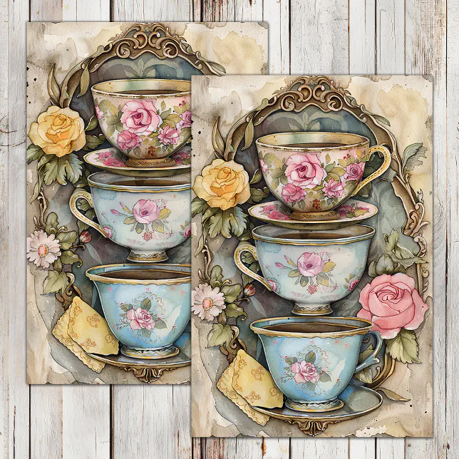 STACKED TEA CUPS DECOUPAGE TISSUE PAPER | Zazzle