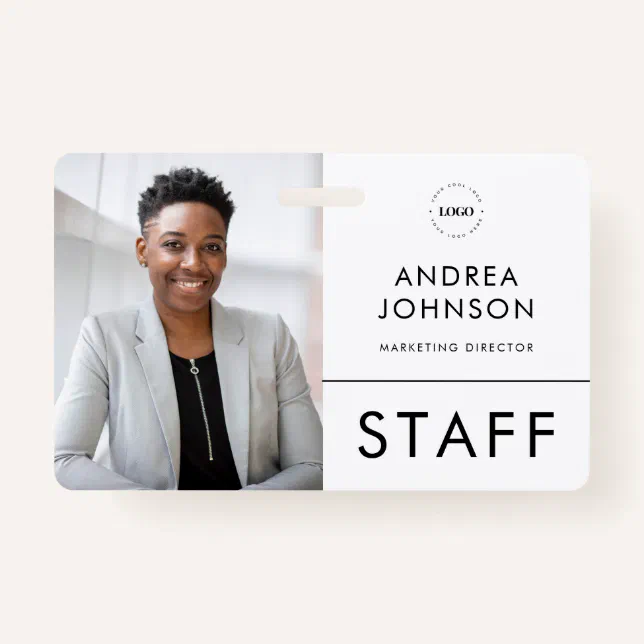 Staff Employee Photo ID Card with Custom Logo Text Badge | Zazzle