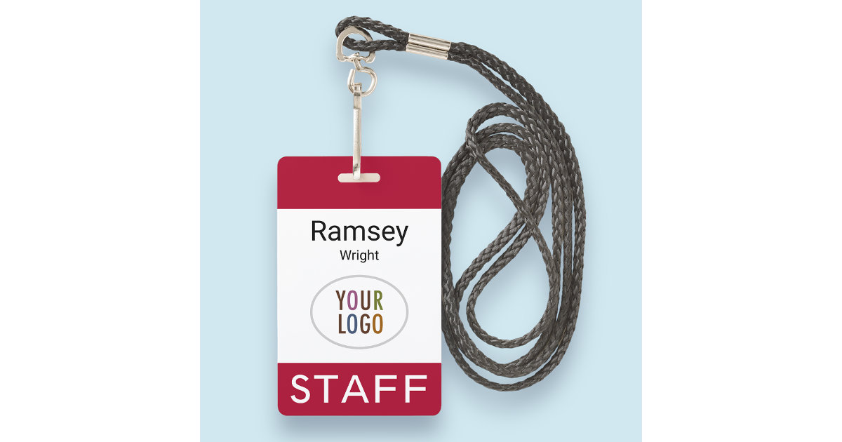 Staff Name Badge with Lanyard Custom Logo Red | Zazzle