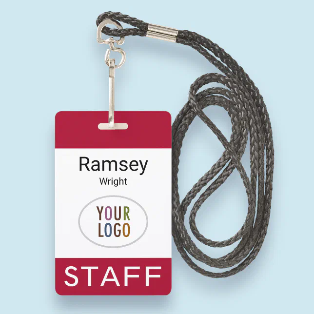 Staff Name Badge with Lanyard Custom Logo Red | Zazzle