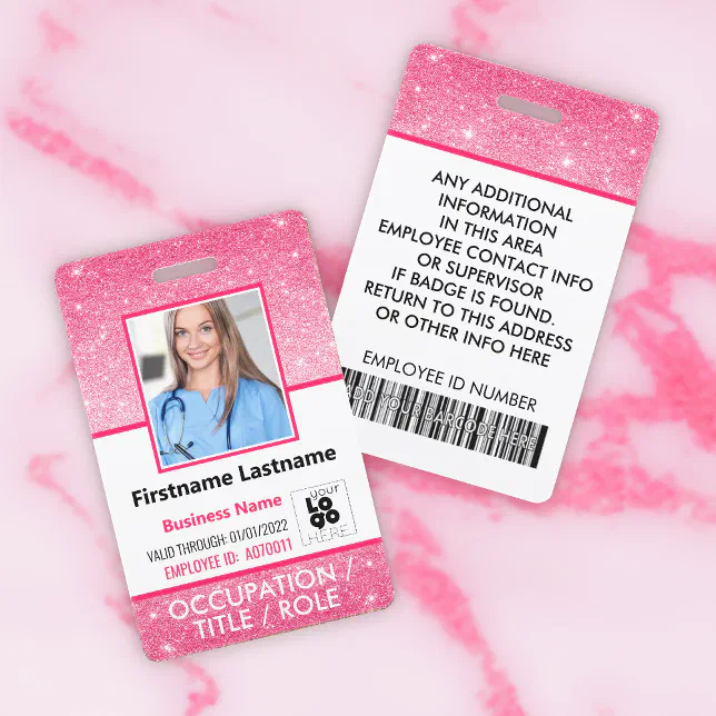 Staff Photo ID Barcode Logo Hot Pink Glitter Name Badge | Zazzle