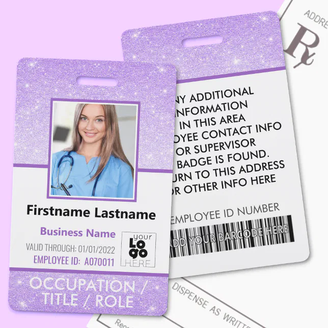 Staff Photo ID Barcode Logo Purple Glitter Name Badge | Zazzle