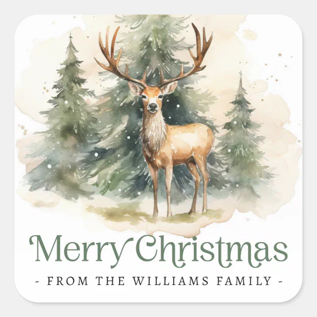 Stag and trees watercolor Merry Christmas Square Sticker | Zazzle