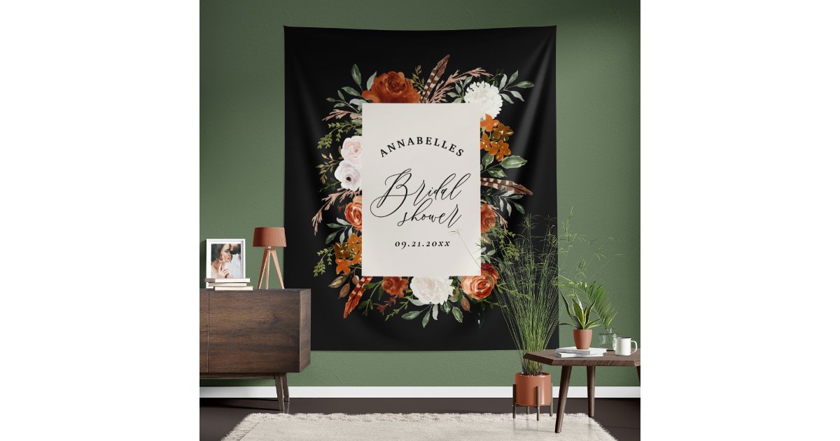 Stag black terracotta floral rustic bridal shower tapestry | Zazzle