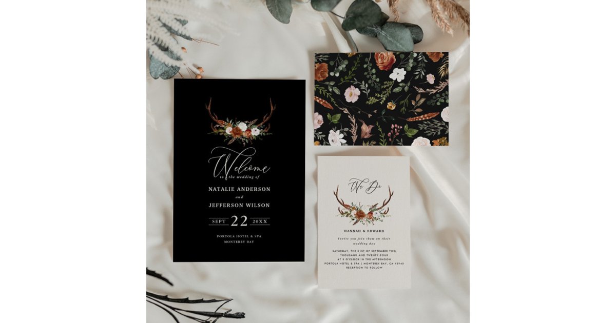 Stag black terracotta floral rustic elegant modern invitation | Zazzle