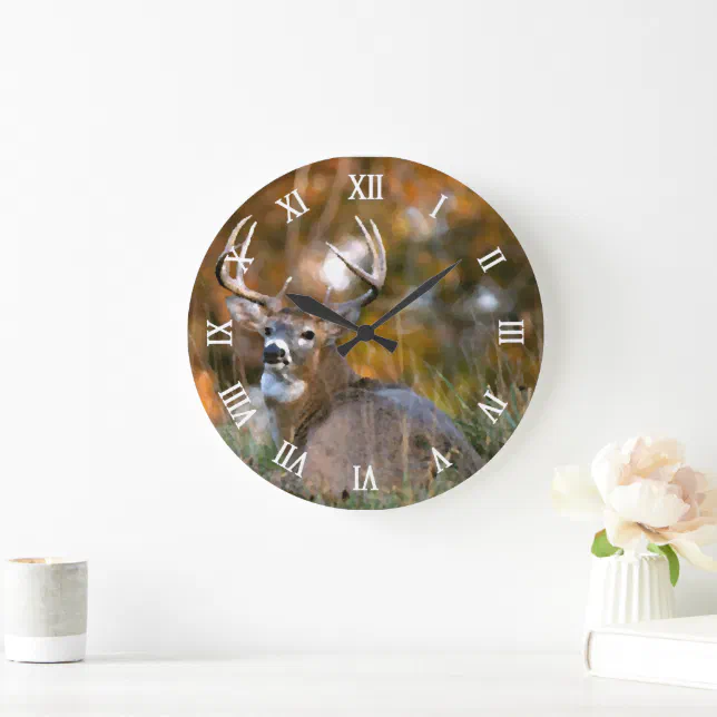 Stag Resting in Autumn Field Large Clock | Zazzle