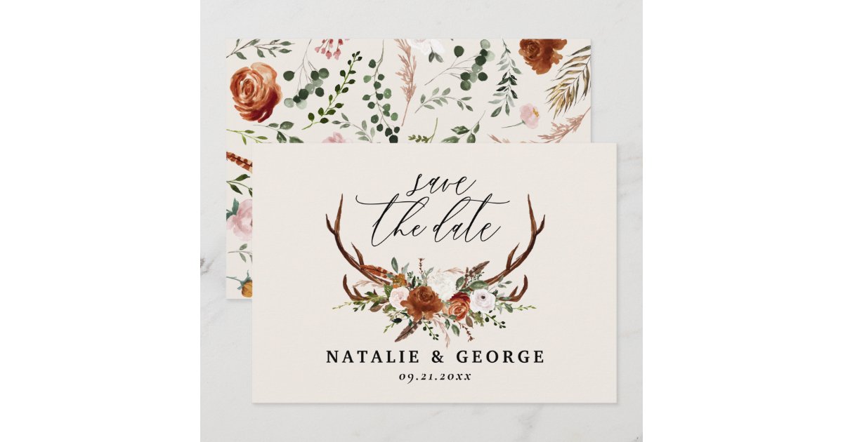 Stag rustic botanical wedding terracotta elegant save the date | Zazzle
