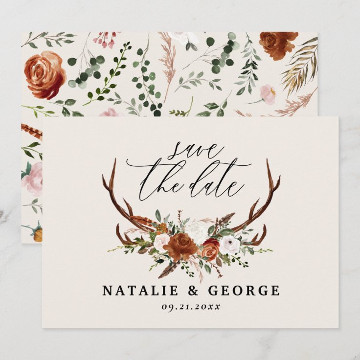 Stag rustic botanical wedding terracotta elegant save the date | Zazzle