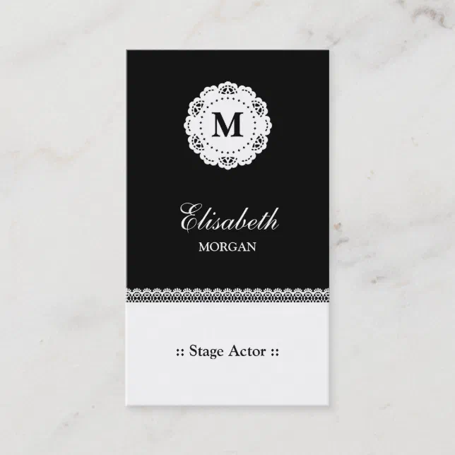 Stage Actor Black White Lace Monogram Business Card | Zazzle