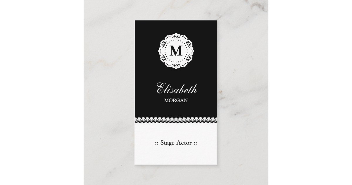 Stage Actor Black White Lace Monogram Business Card | Zazzle