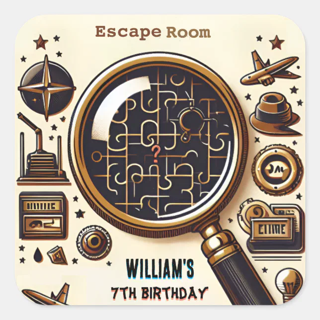 stage Clue Spy Escape Room 7th Birthday Invitation Square Sticker | Zazzle