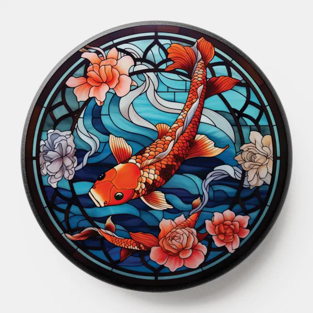 Stained Glass Asian Style Koi Fish and Camellias PopSocket | Zazzle