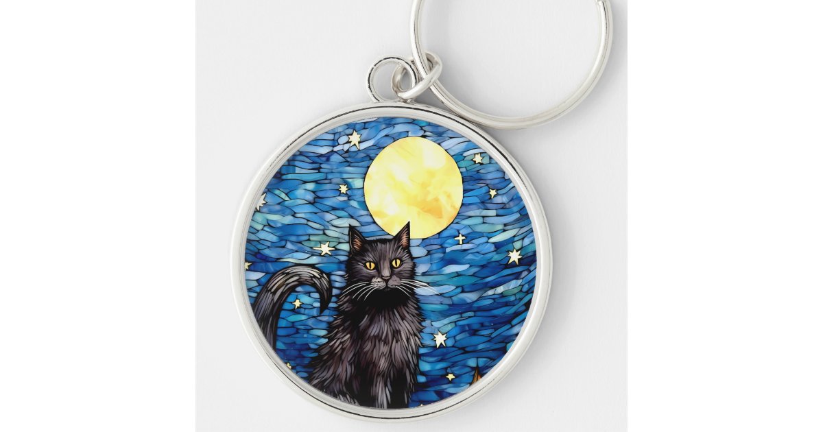 Stained Glass Black Cat Starry Night Keychain | Zazzle