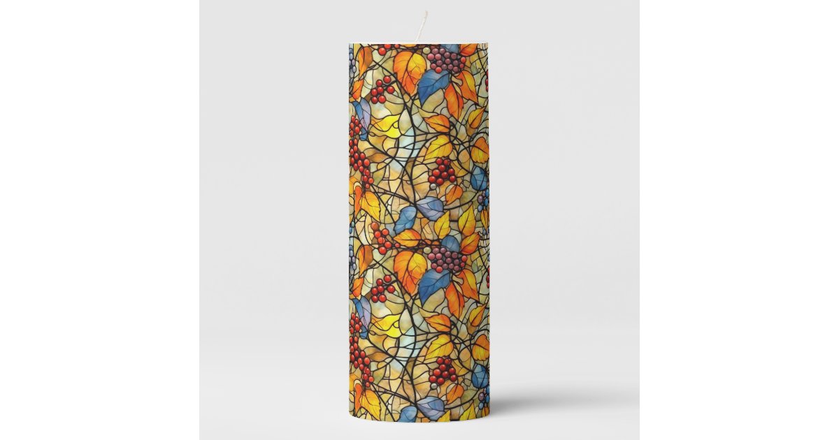 Stained Glass Fall Leave Pattern Pillar Candle | Zazzle