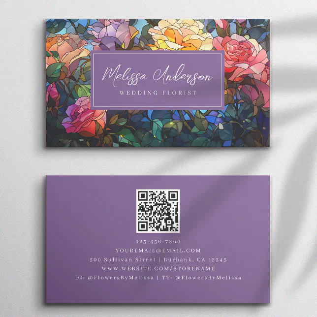 Stained Glass Floral Roses QR Code Business Card | Zazzle