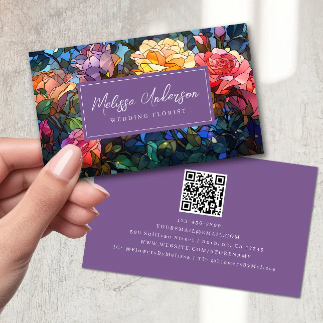 Stained Glass Floral Roses QR Code Business Card | Zazzle