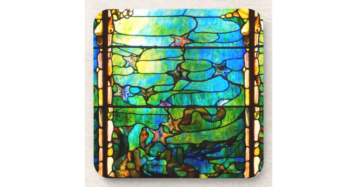 Stained glass look tiffany window starfish sea beverage coaster | Zazzle