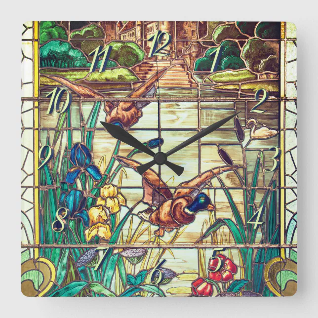 Stained glass mallard ducks at the pond square wall clock | Zazzle