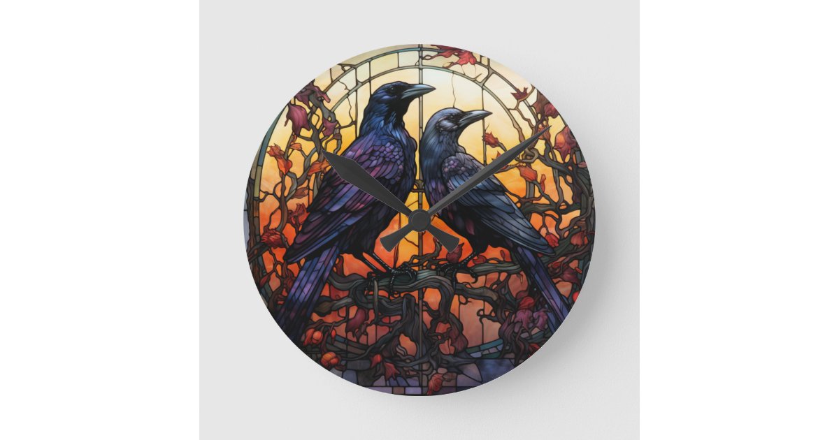 Stained Glass Ravens Round Clock | Zazzle