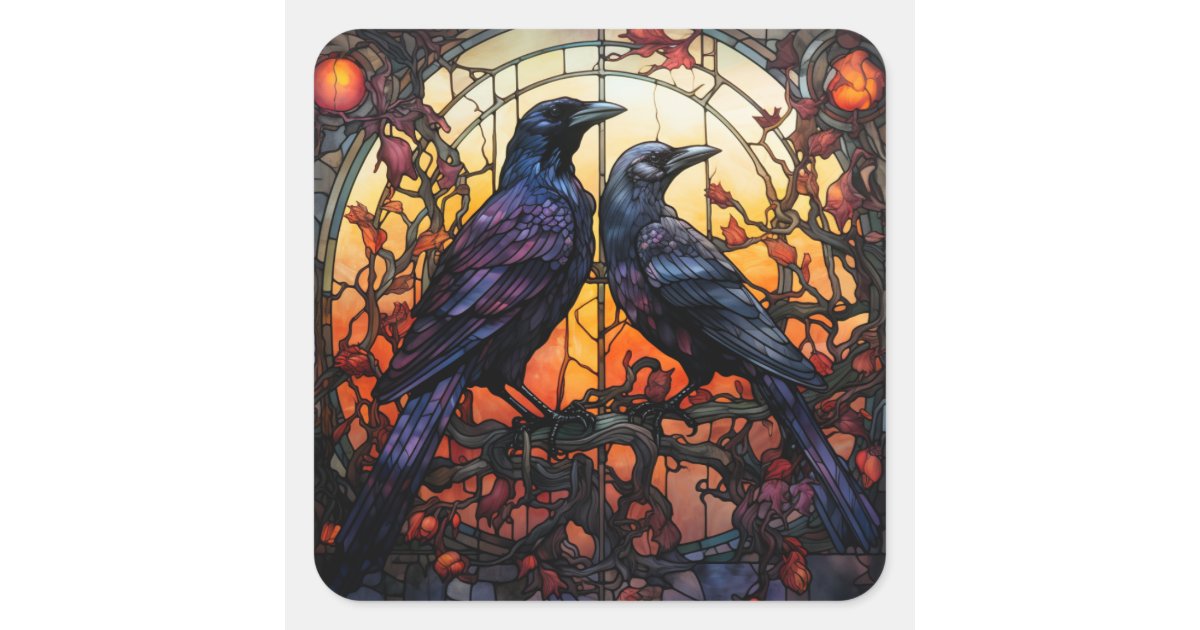 Stained Glass Ravens Square Sticker | Zazzle
