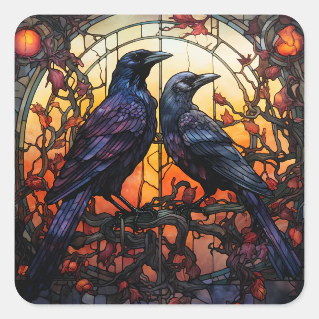 Stained Glass Ravens Square Sticker | Zazzle