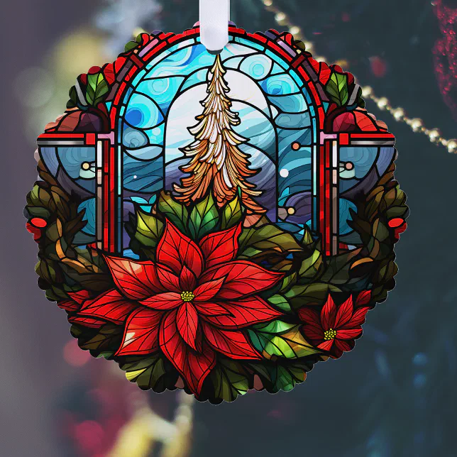 Stained Glass Style Christmas Tree and Poinsettia Ornament Card | Zazzle