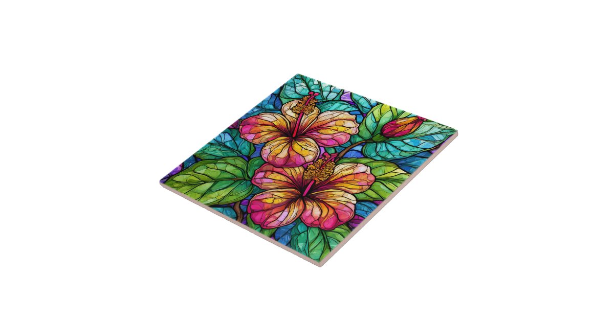 Stained glass style hibiscus ceramic tile | Zazzle