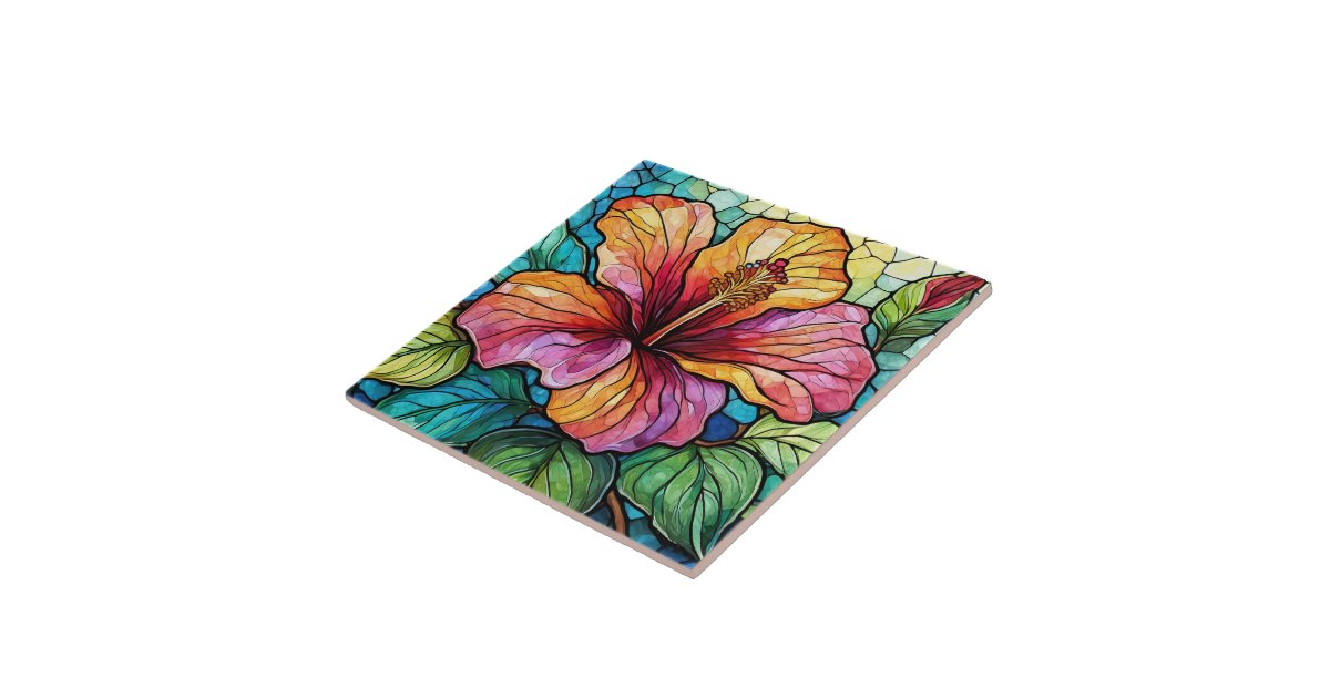 Stained glass style hibiscus ceramic tile | Zazzle