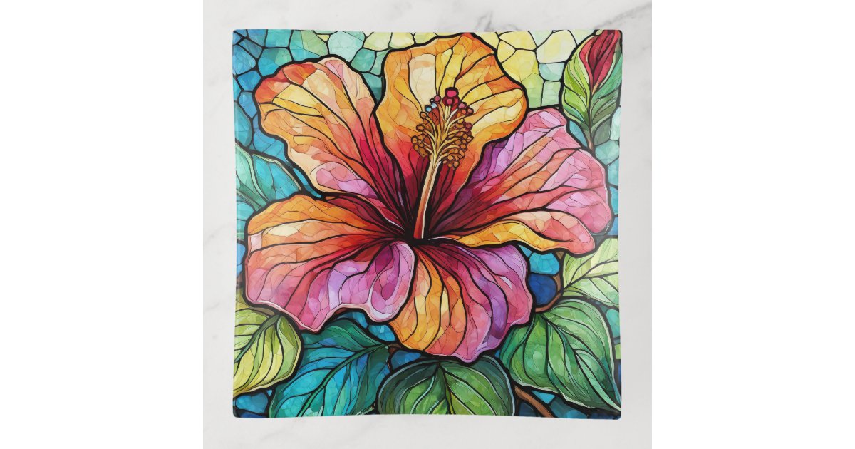 Stained glass style hibiscus trinket tray | Zazzle