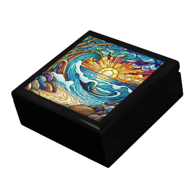 Stained glass style sunset on beach gift box | Zazzle