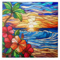 Stained glass style tropical sunset on beach art ceramic tile | Zazzle