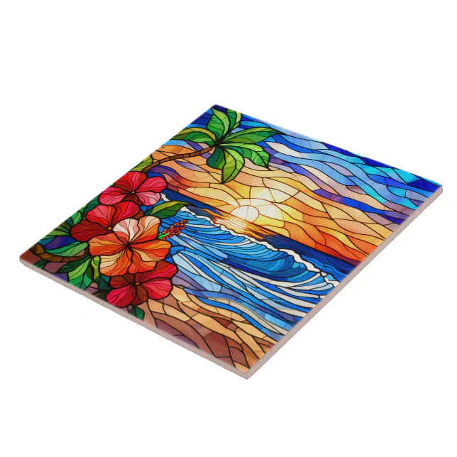 Stained glass style tropical sunset on beach art ceramic tile | Zazzle