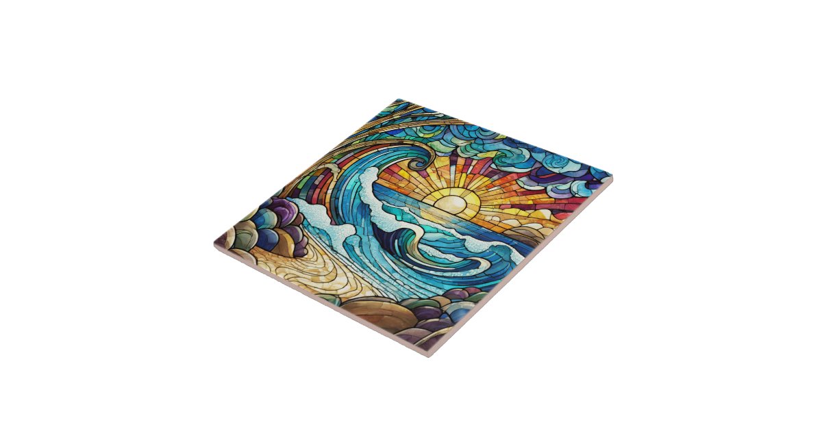 Stained glass style tropical sunset on beach art ceramic tile | Zazzle