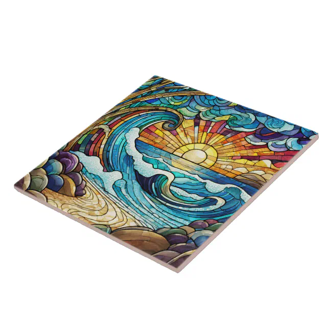 Stained glass style tropical sunset on beach art ceramic tile | Zazzle