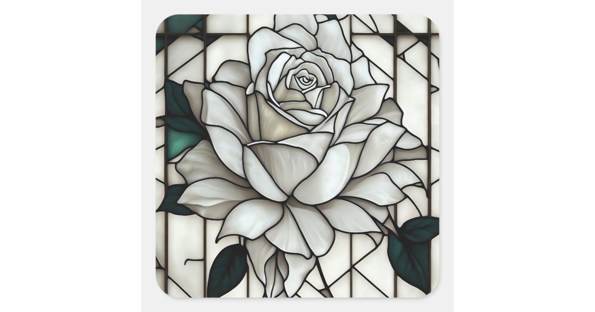Stained Glass White Rose Square Sticker | Zazzle