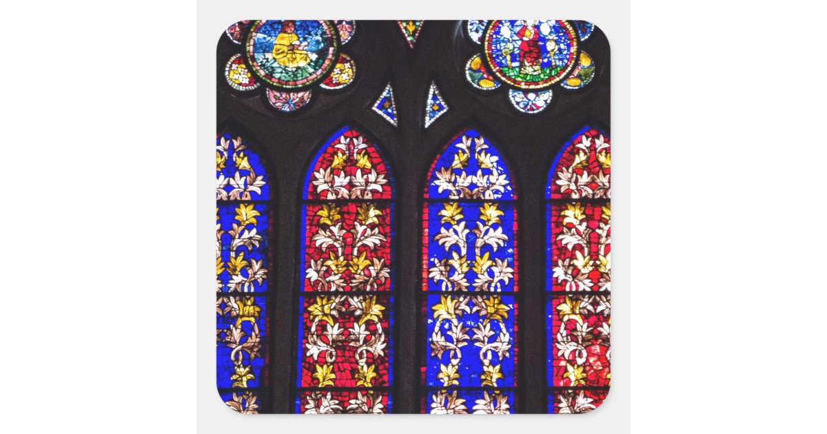 Stained glass window, church accessories square sticker | Zazzle