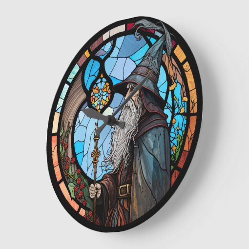 Stained Glass Wizard Design Large Clock | Zazzle