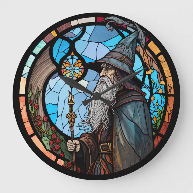 Stained Glass Wizard Design Large Clock | Zazzle