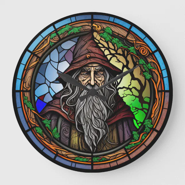 Stained Glass Wizard Design Large Clock | Zazzle