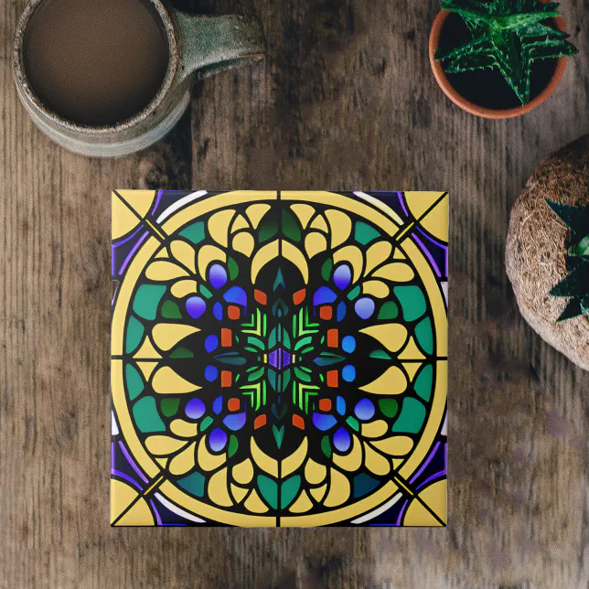 Stained Glass Yellow Colorful Art Deco Artwork Ceramic Tile | Zazzle