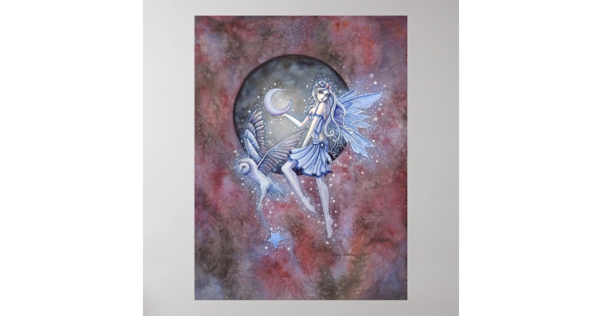 Star Collector Fairy and Owl Fantasy Art Poster | Zazzle