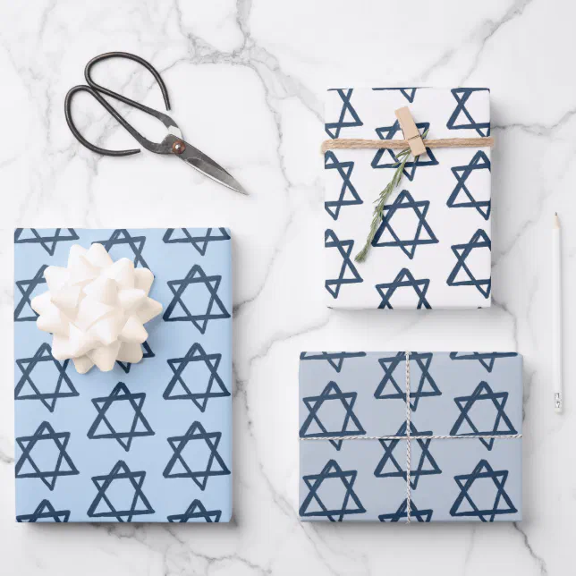 Star of David Brush Bar Bat Mitzvah Jewish Blue Wrapping Paper Sheets ...