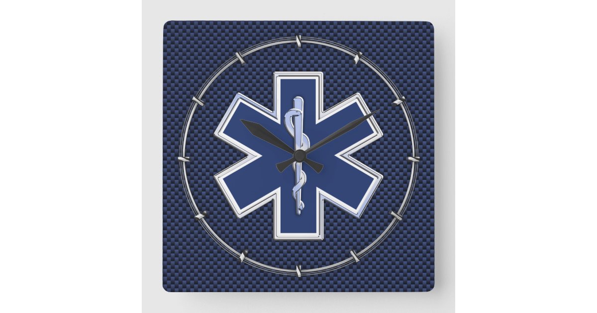 Star of Life Paramedic on Navy Blue Carbon Fiber Square Wall Clock | Zazzle